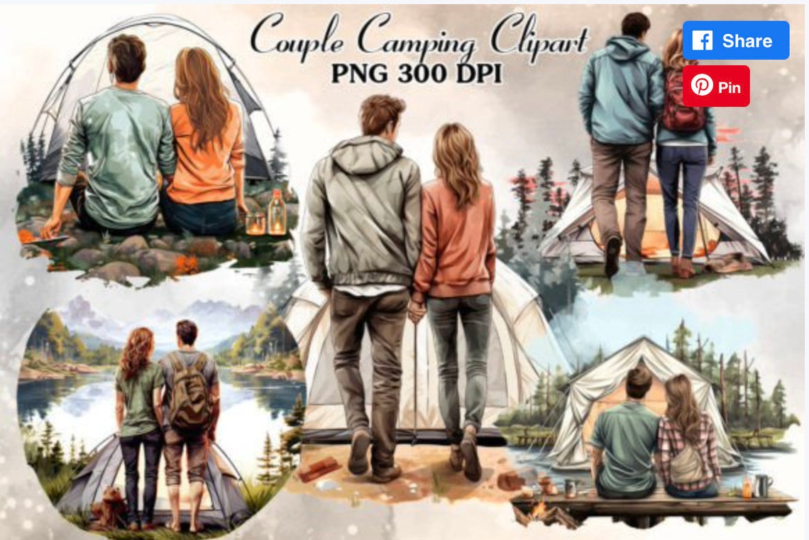 Couple Camping Watercolor Clipart Bundle Summer Camping Watercolor ...