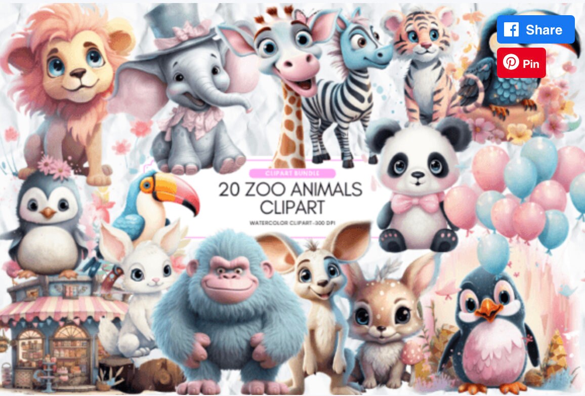 Zoo Animals Clipart Bundle, 20 Png Floral Animals Watercolor Clipart ...