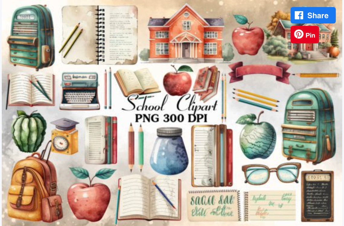 Retro School Watercolor Clipart Bundle School Clipart Set School ...