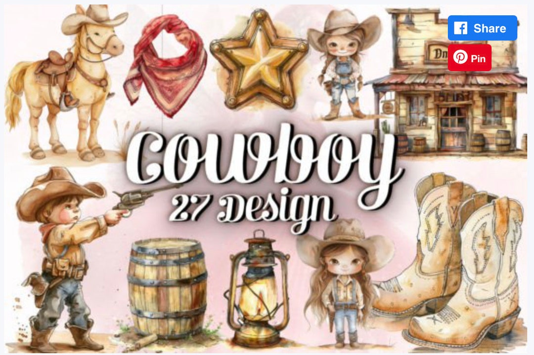 Watercolor Cowboy Clipart PNG Bundle Watercolor Little Cowboy Clipart ...