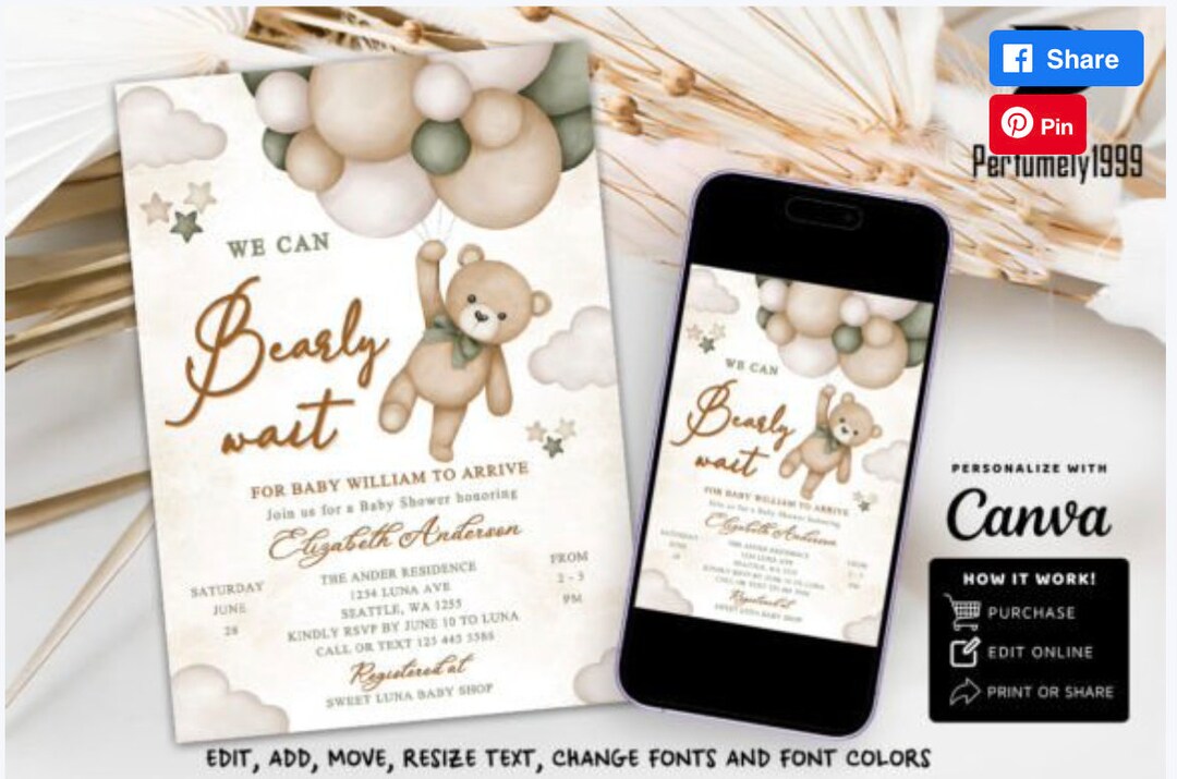 Bearly Wait Baby Shower Invite Template Editable We Can Bearly Wait ...