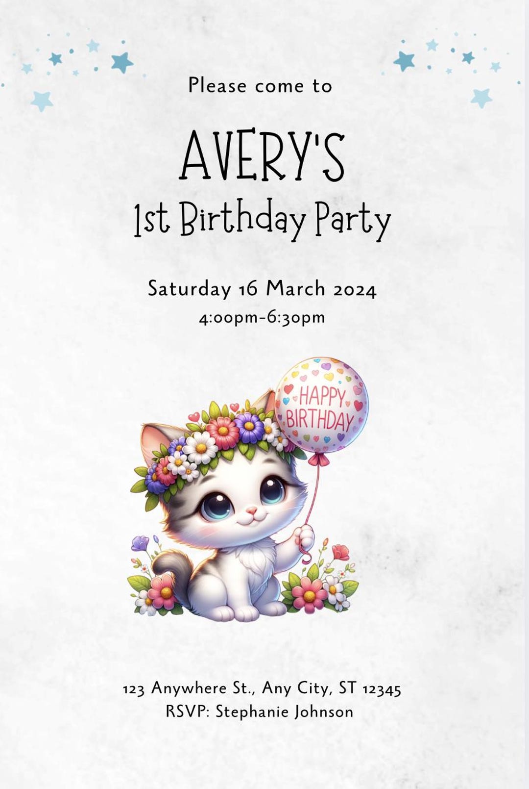 Cute Cat Birthday Invitation | Canva Editable Kitty Party Invite Fun ...