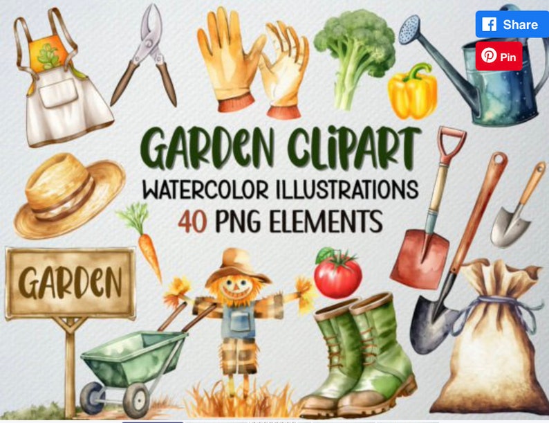 Watercolor Garden Clipart Set, 40 PNG Watercolor Garden Bundle Spring ...