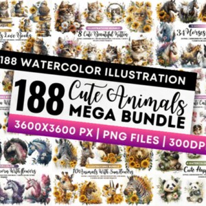188 Wild Animals Watercolor MEGA BUNDLE Watercolor Safari Baby Animals Clipart PNG High ...