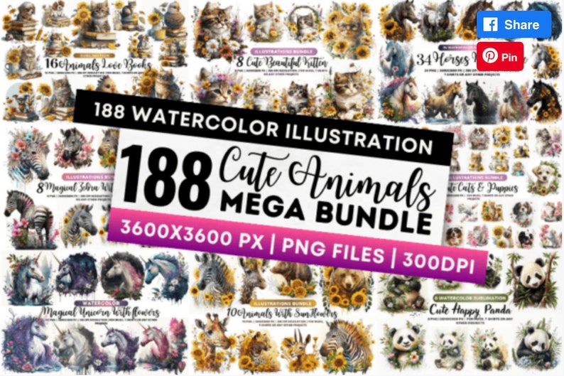 188 Wild Animals Watercolor MEGA BUNDLE Watercolor Safari Baby Animals ...