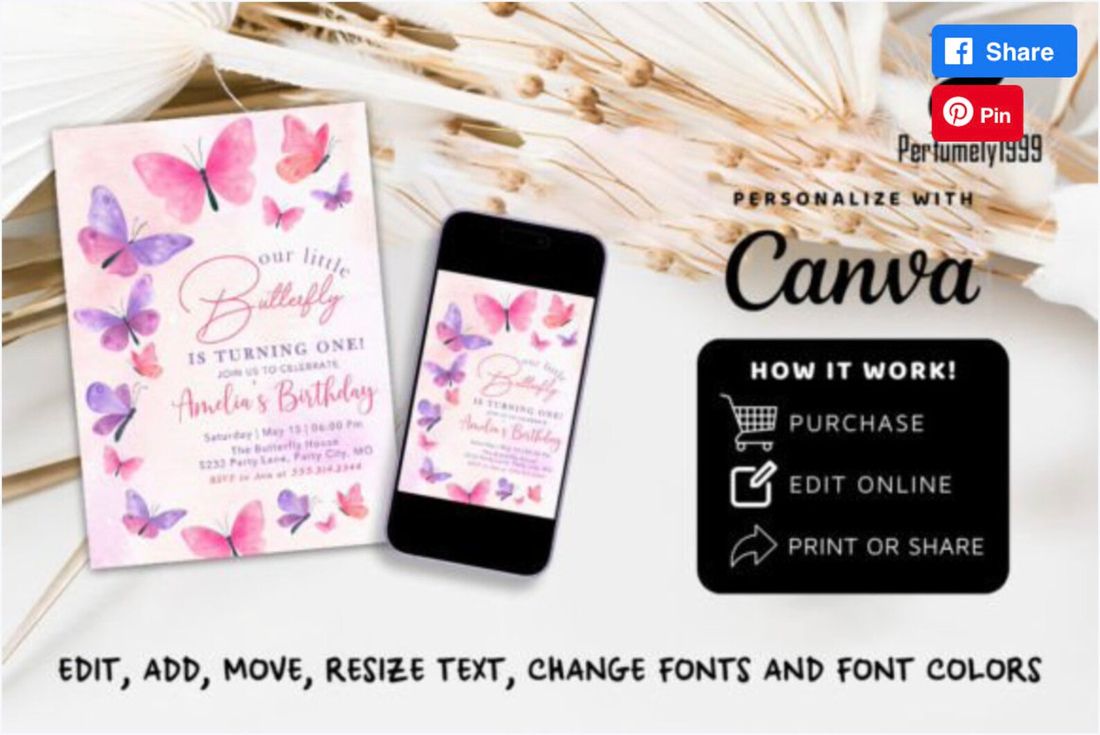 Pink Butterfly Birthday Invite Template 1st Birthday Invite Floral ...