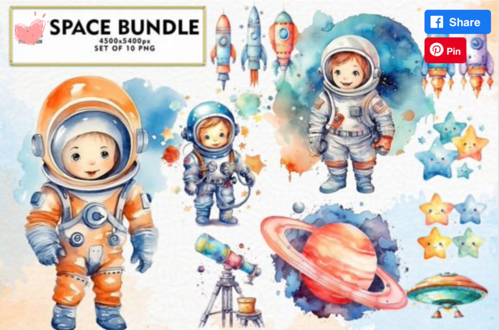 Space Bundle Sublimation Clipart Watercolor Cute Space Adventure ...
