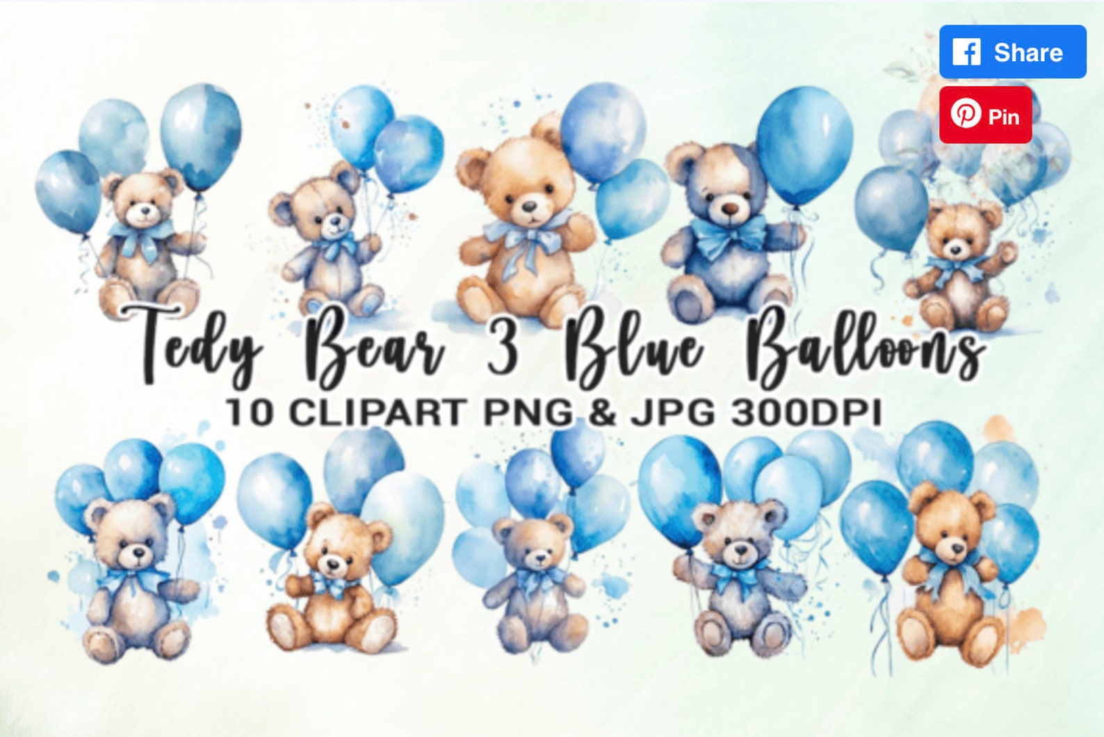 Teddy Bear Blue Balloons Clipart Watercolor Teddy Bear Clipart Bundle ...