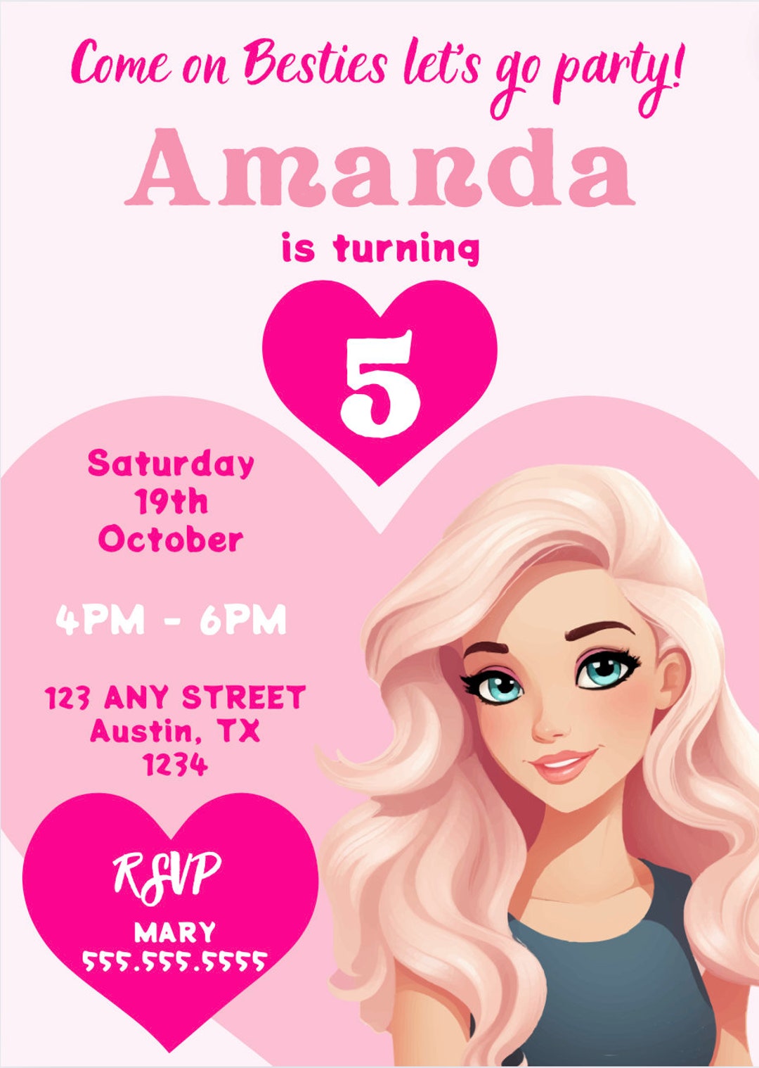 Pink Doll Girl Besties Party Invitation Editable Come on Besties Lets ...