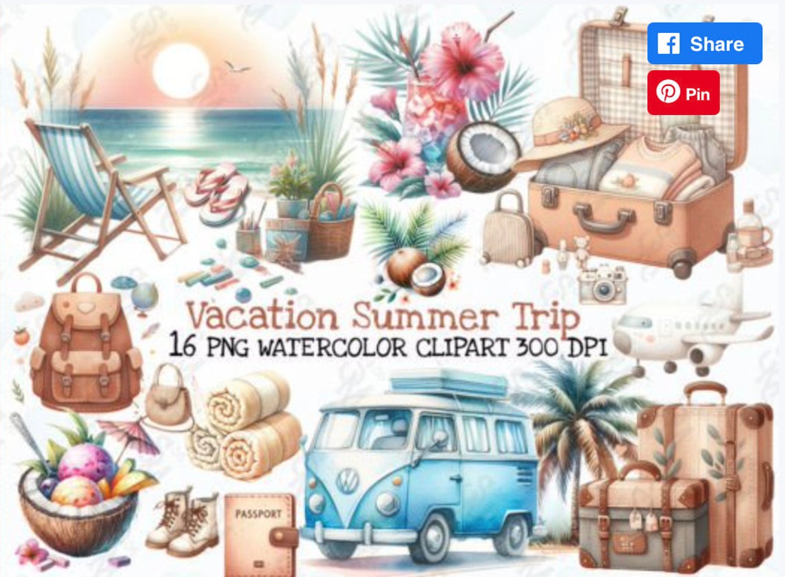 Vacation Summer Trip Clipart PNG Watercolor Island Adventure Clipart ...