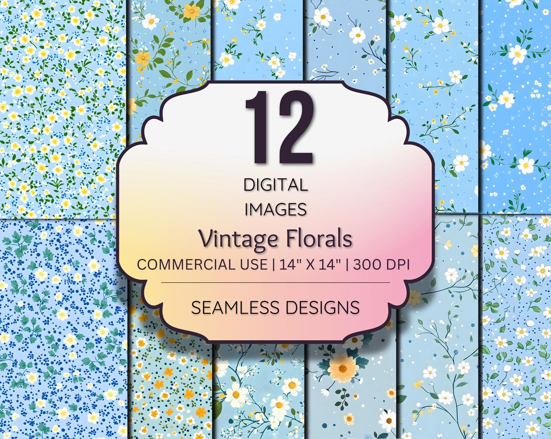 Vintage Floral Digital Paper, Seamless Blue & Yellow Flower Patterns ...
