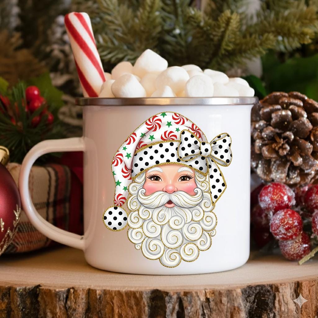Cute Santa Claus PNG With Polka Dot Bow and Peppermint Hat, Christmas ...