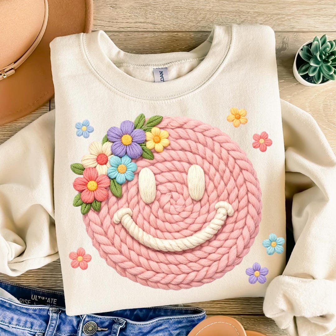 Pink Knitted Happy Face Clipart, Cute Yarn Face With Flowers, Cozy ...