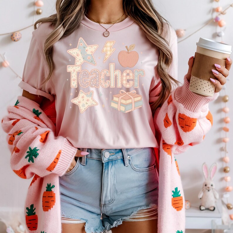 Pastel Teacher PNG, Cute Patchwork Sublimation Design, Floral and ...
