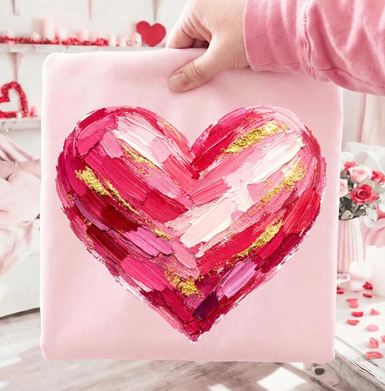 Painterly Pink Heart PNG With Gold Foil Accents, Abstract Love Heart ...
