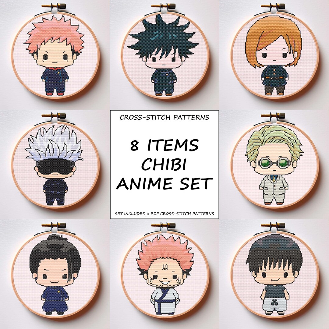 Anime Cross Stitch Pattern Set of 8 Jujutsu Chibi Styled Characters PDF ...