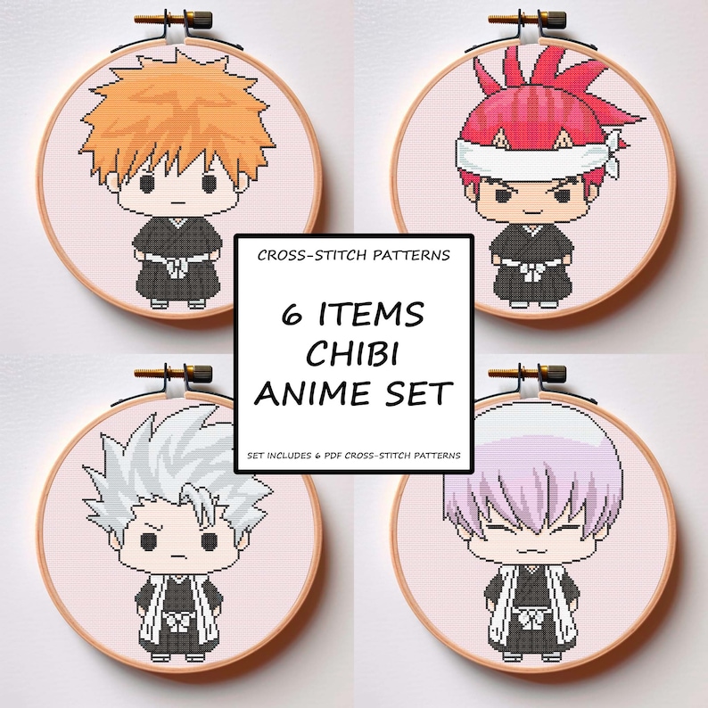 Anime Cross Stitch Pattern Set of 6 Swordmen Chibi Styled Characters ...