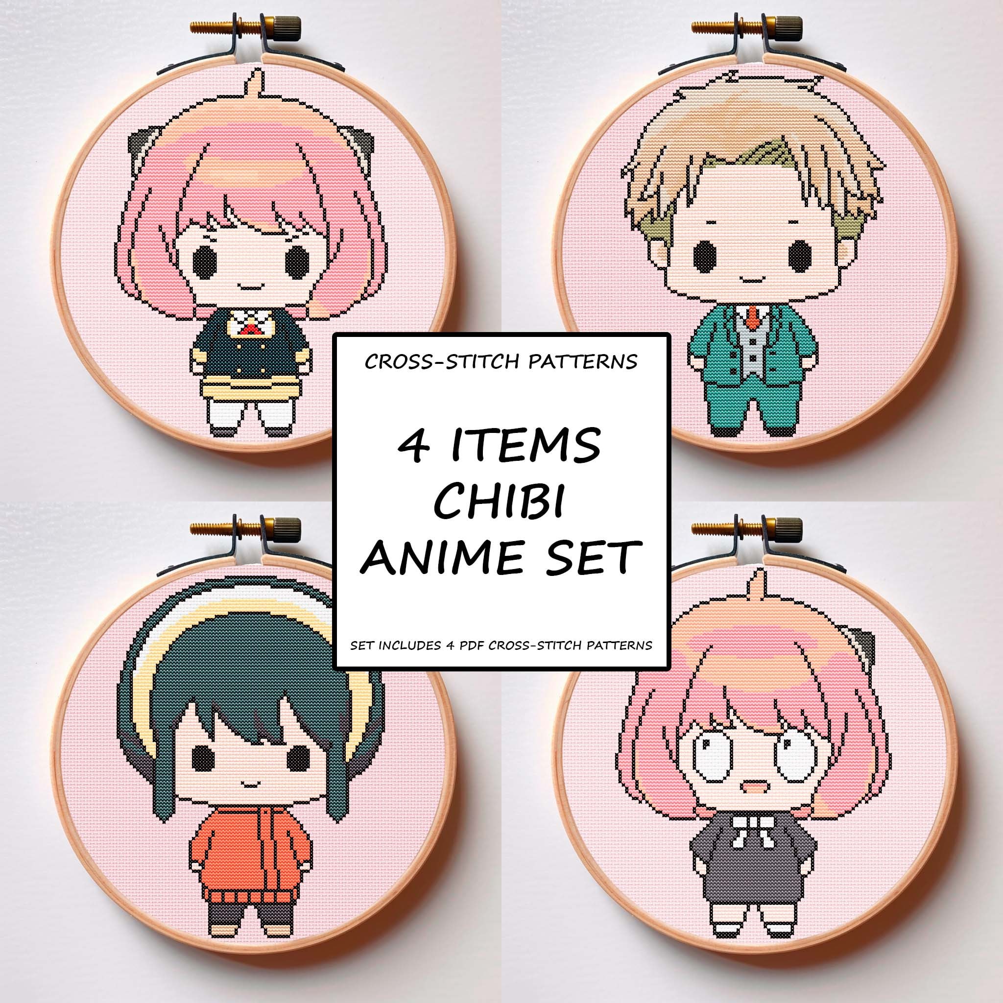 Anime Cross Stitch Pattern Set of 4 Spies Chibi Styled Characters PDF ...
