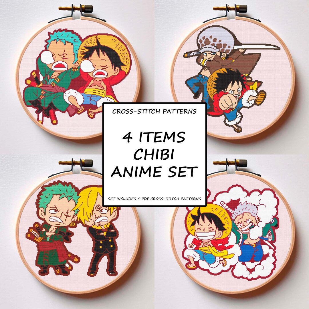 Anime Cross Stitch Pattern Set of 4 Pitate Chibi Styled Characters ...