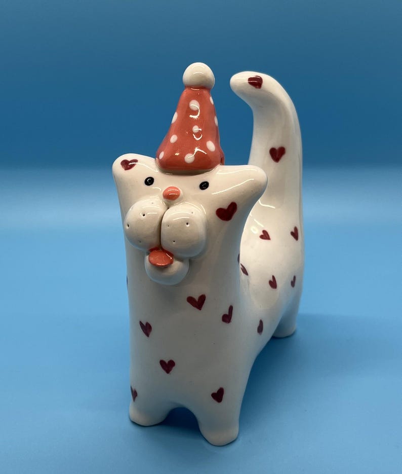 Ceramic Cat Figurine – Handmade Pottery Kitty With Hearts, Whimsical ...