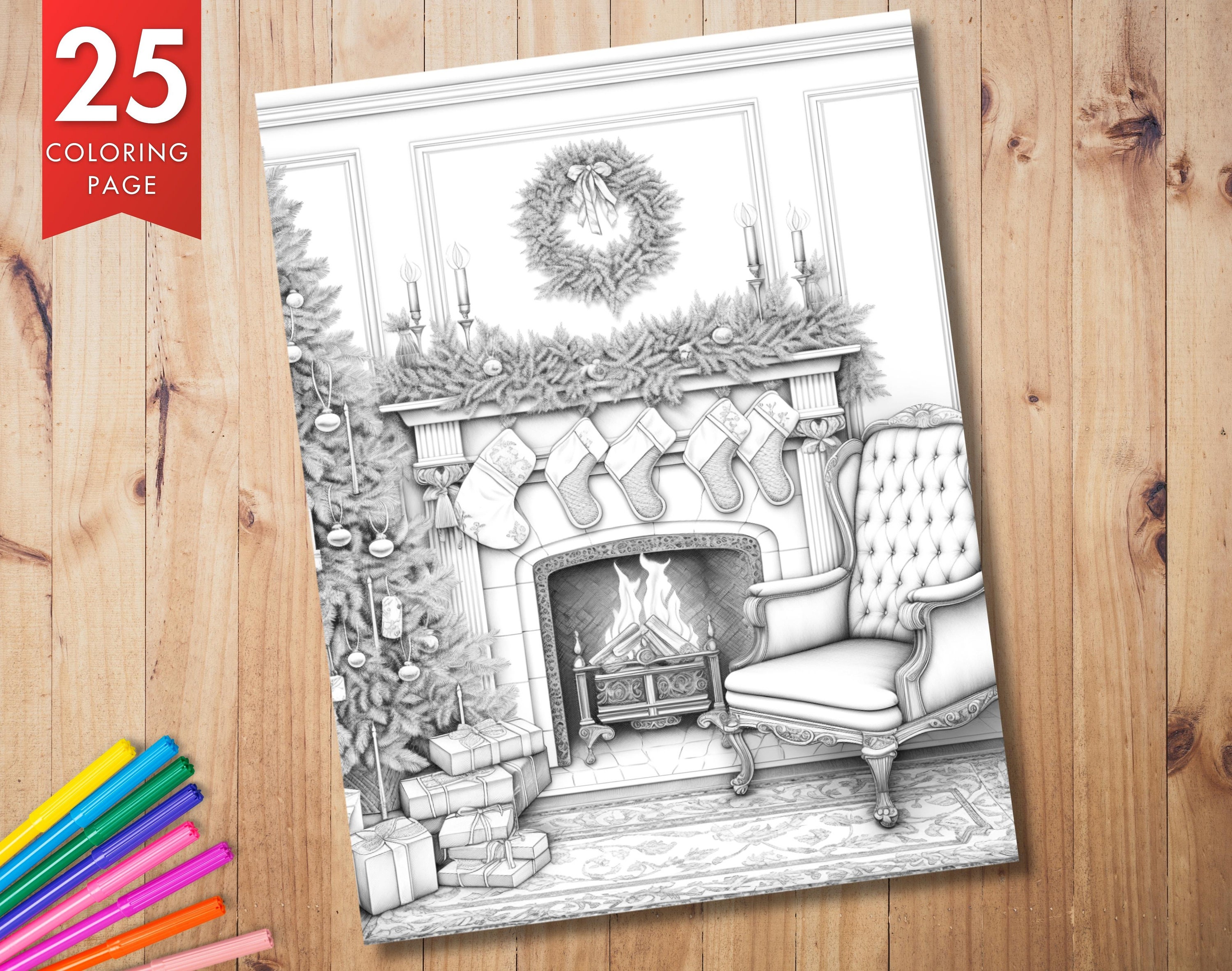 25 Christmas Interior Design Coloring Book, Christmas Room Architecture ...