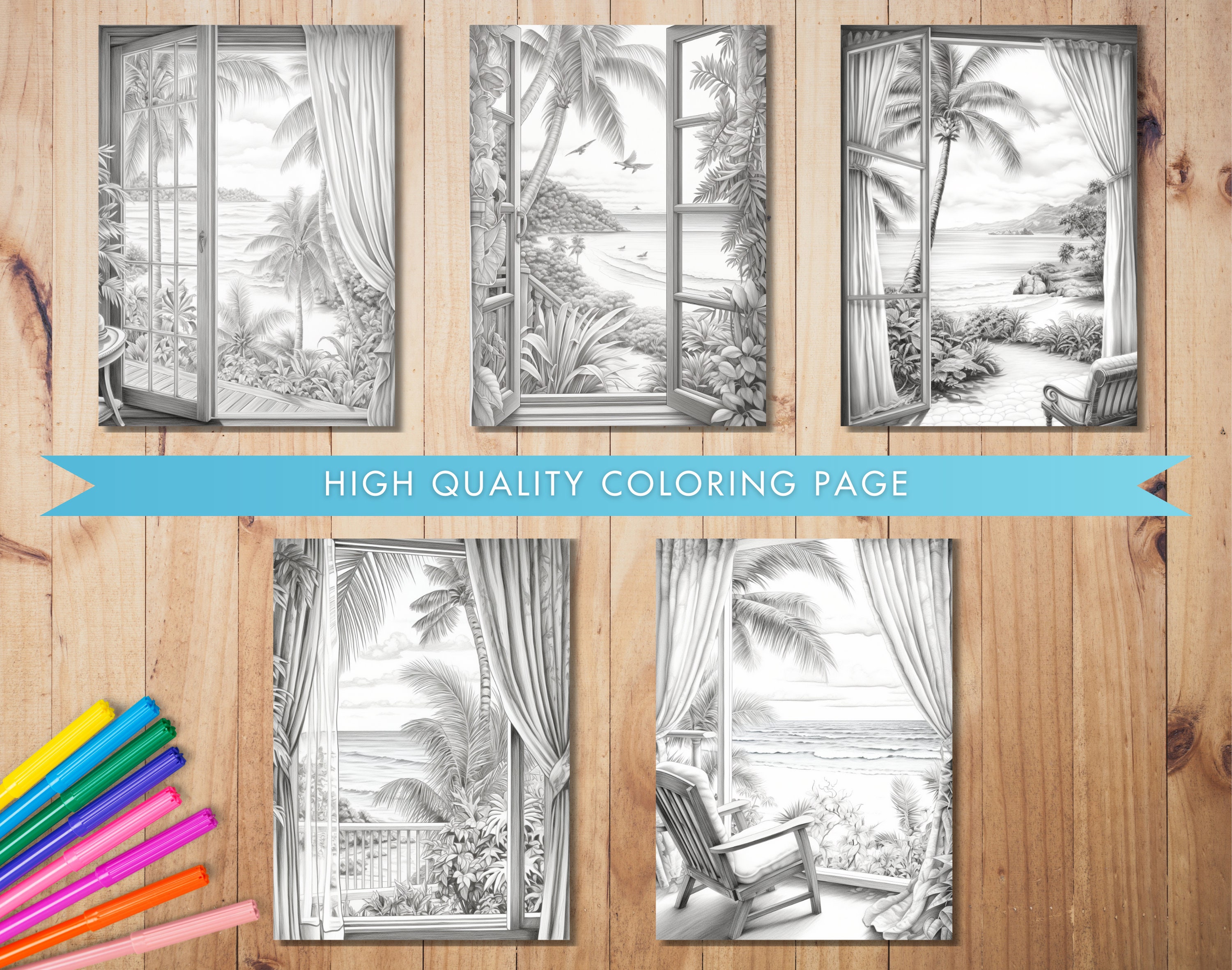 Tropical Paradise Coloring Book, Grayscale Coloring Pages (printable ...
