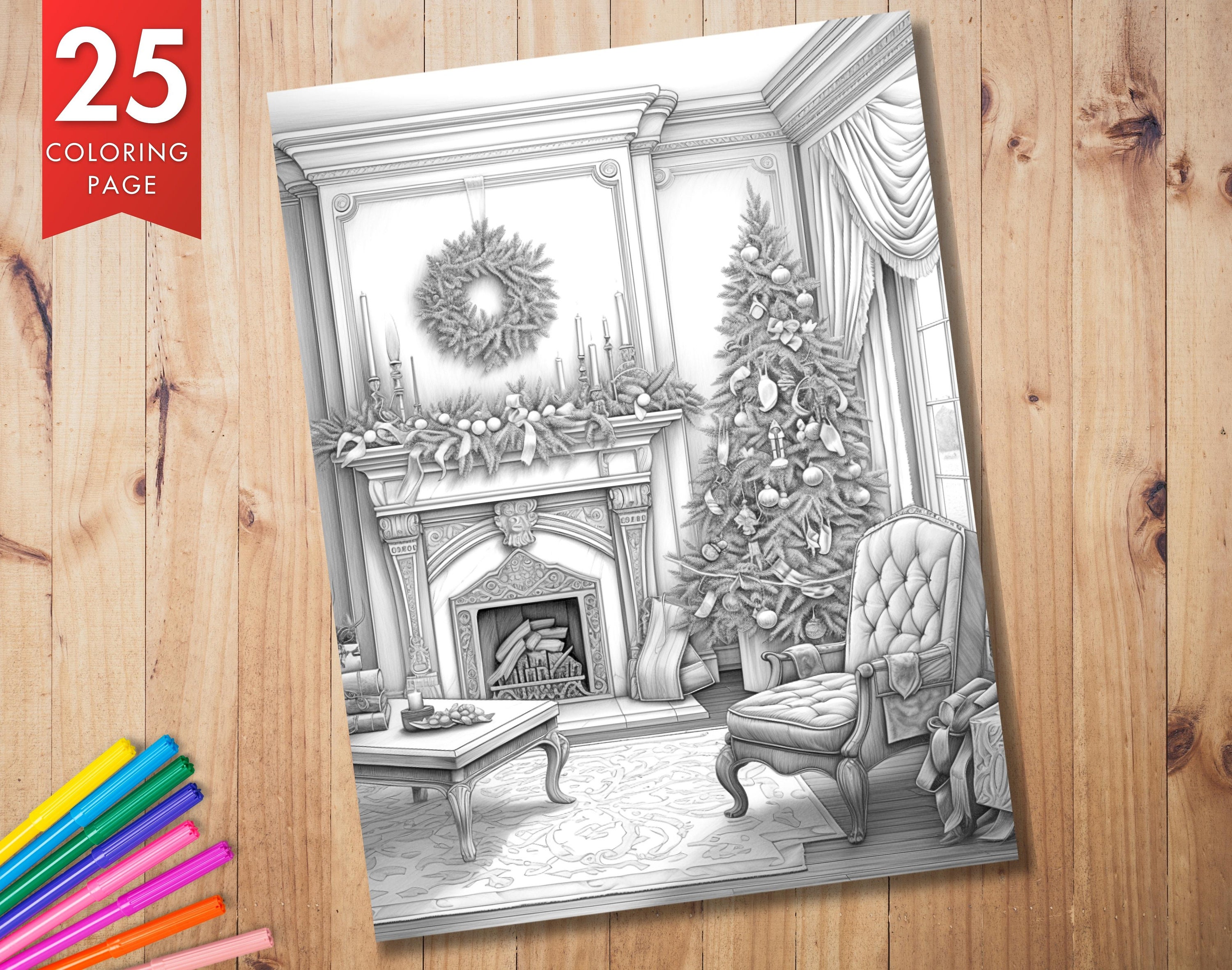 25 Christmas Interior Design Coloring Book, Christmas Room Architecture ...