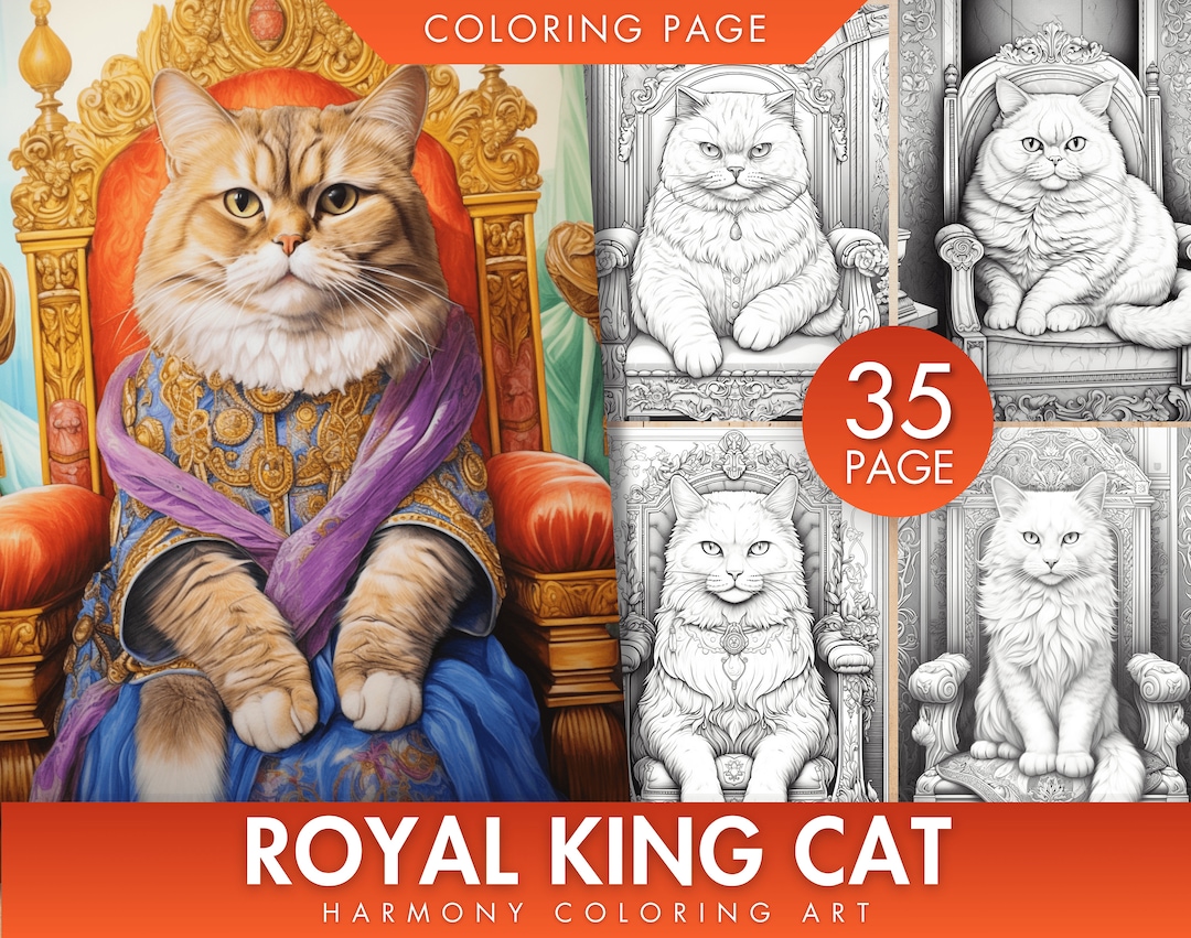 35 Royal King Cats Coloring Pages, for Adults and Kids, Instant ...