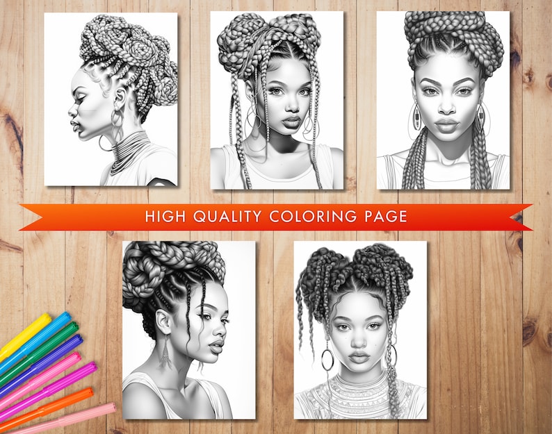 30 Black Women Breathtaking Braids Coloring Pages, African American Hair, Printable Adult ...