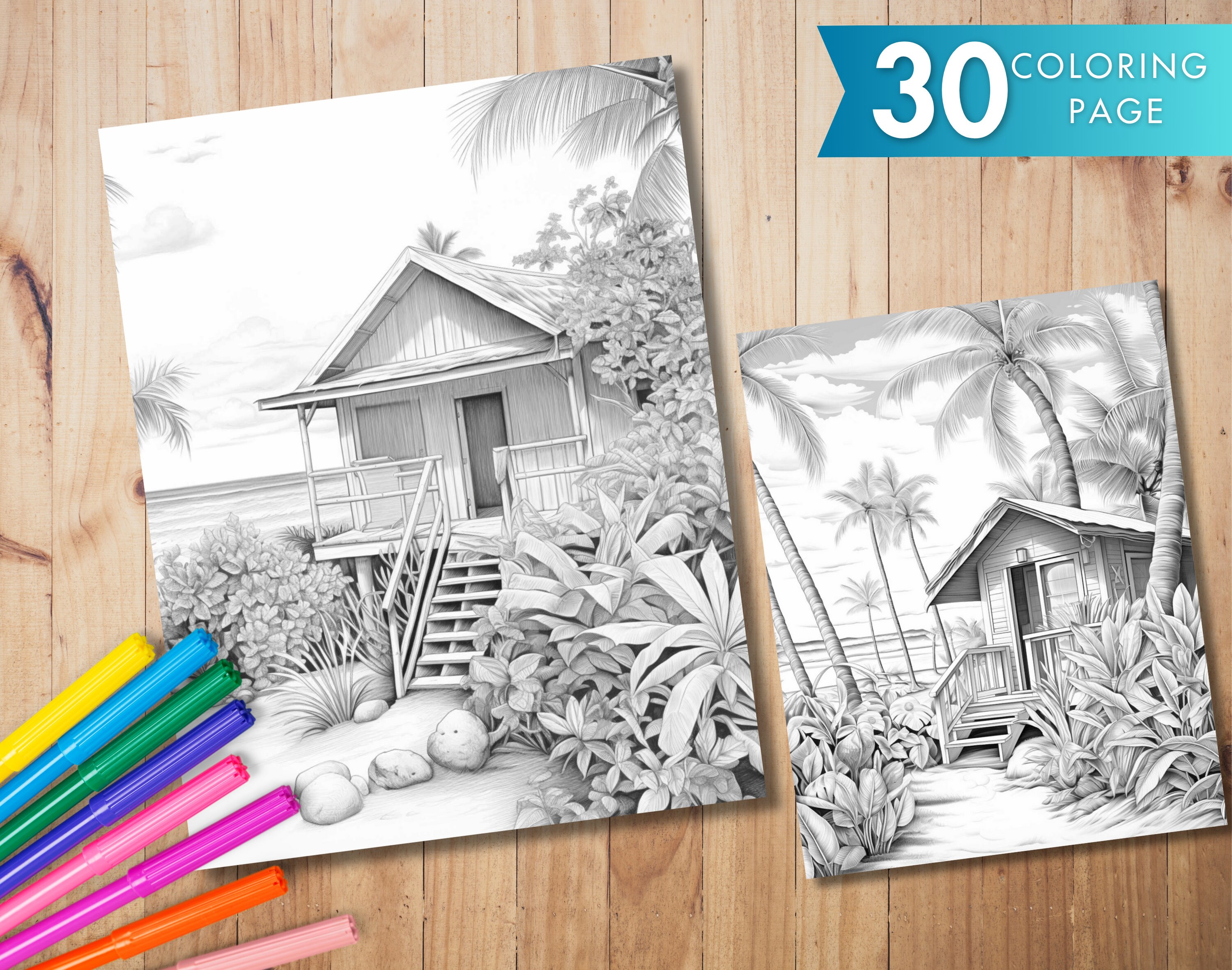 30 Tropical Beach House Coloring Pages Printable PDF Format Summer ...