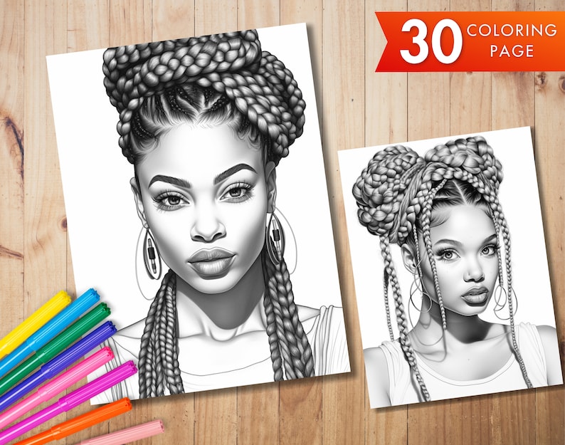 30 Black Women Breathtaking Braids Coloring Pages, African American Hair, Printable Adult ...