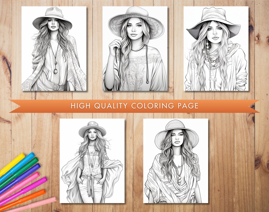 25 Bohemian Style Digital Coloring Book Fashion Girls Coloring Pages ...