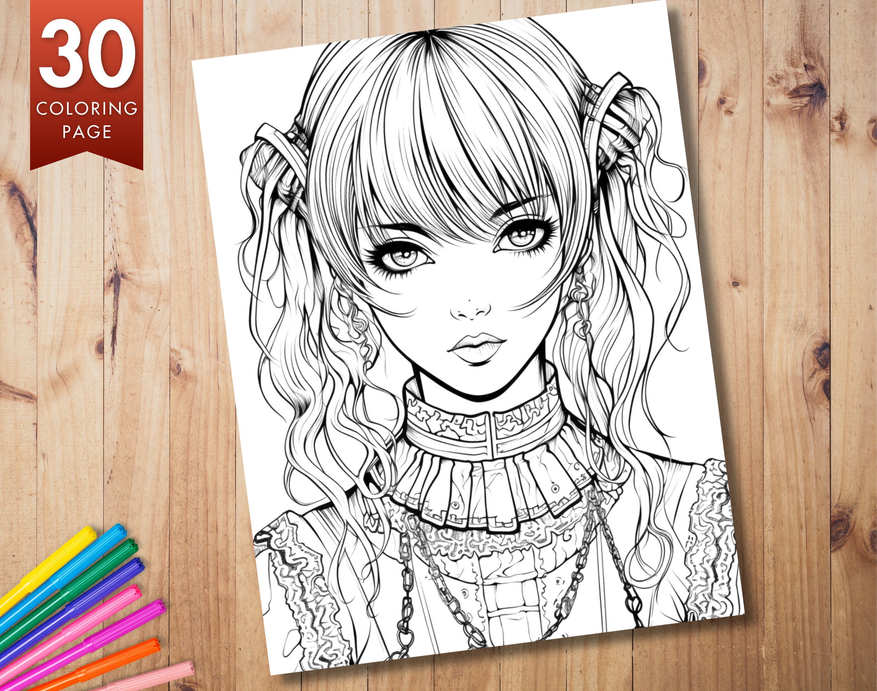 30 Gothic Anime Girls Coloring Pages for Adults, Grayscale Coloring ...