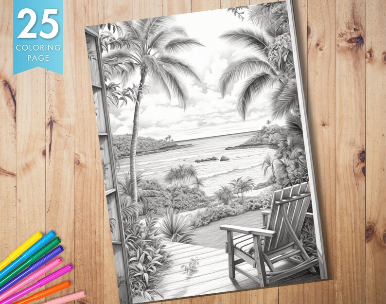 Tropical Paradise Coloring Book, Grayscale Coloring Pages (printable ...
