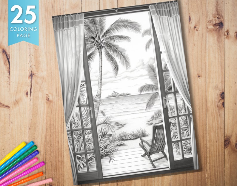 Tropical Paradise Coloring Book, Grayscale Coloring Pages (printable ...