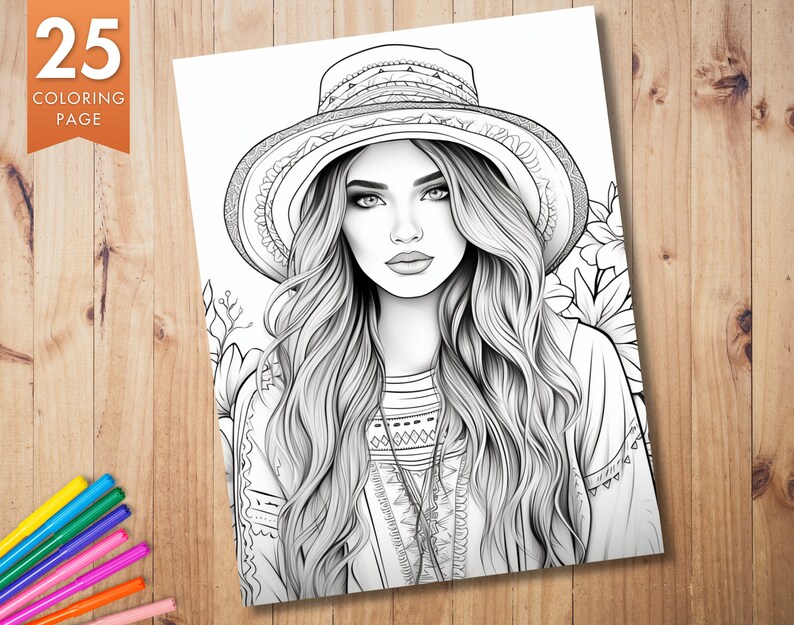 25 Bohemian Style Digital Coloring Book Fashion Girls Coloring Pages ...