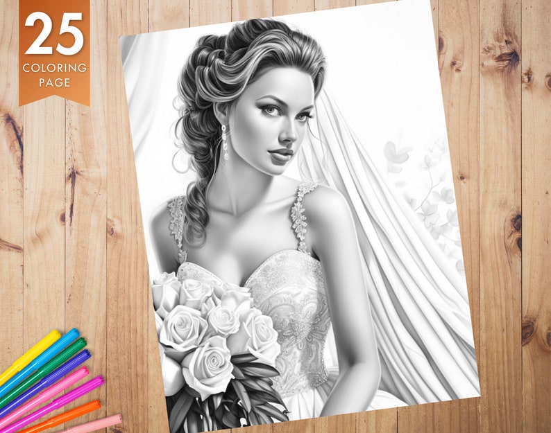 Realistic Bridal Coloring Pages for Adult, Wedding Coloring Book, 25 ...
