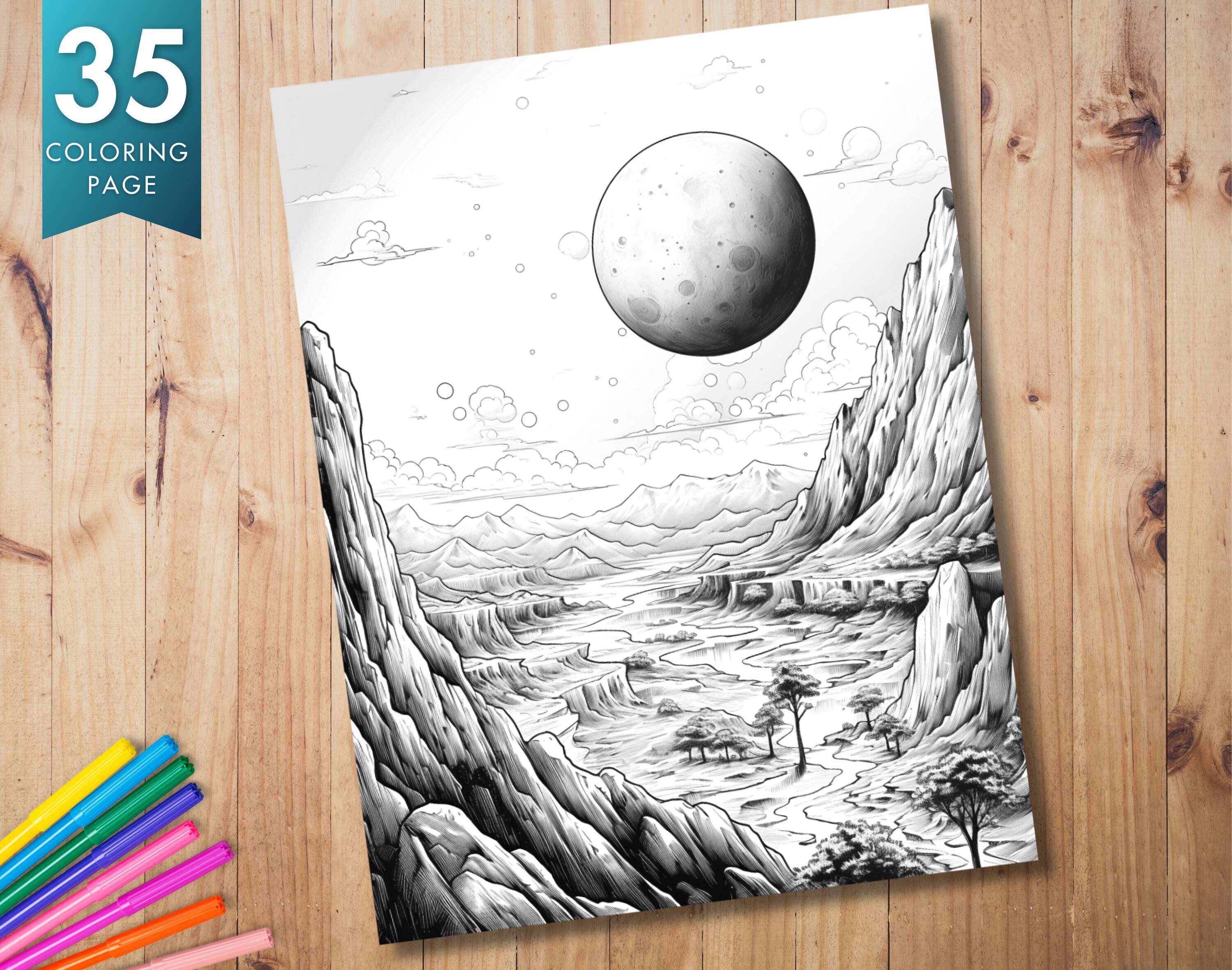 35 Cosmic Planet Grayscale Coloring Pages, Future Universe (JPEG/PDF ...