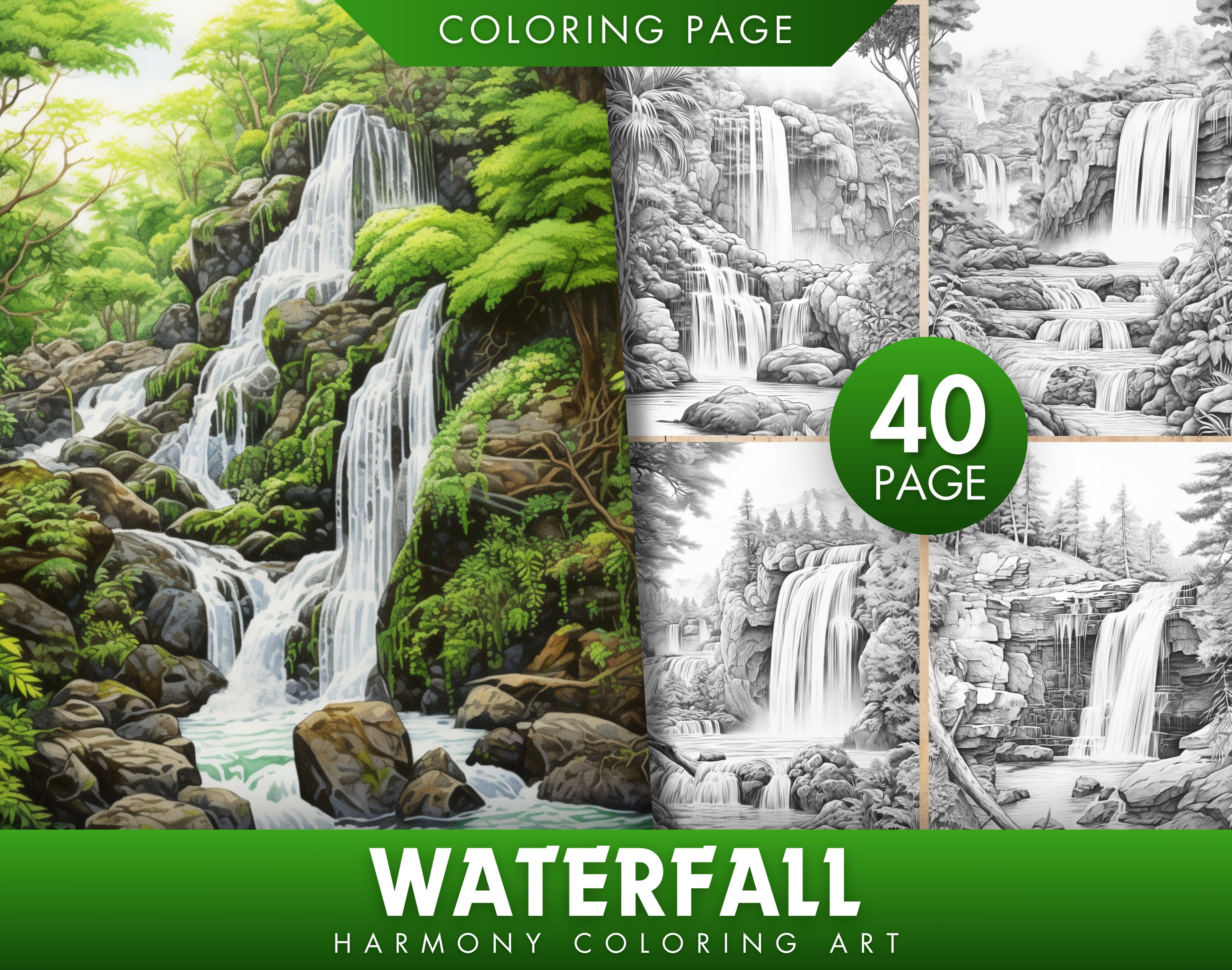 40 Waterfall Coloring Book | Printable Adult Coloring Pages | Grayscale ...