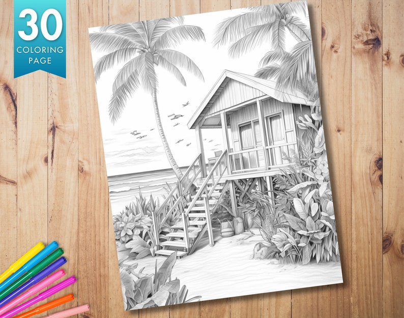 Tropical Beach House Coloring Pages | Grayscale Illustrations (PDF ...