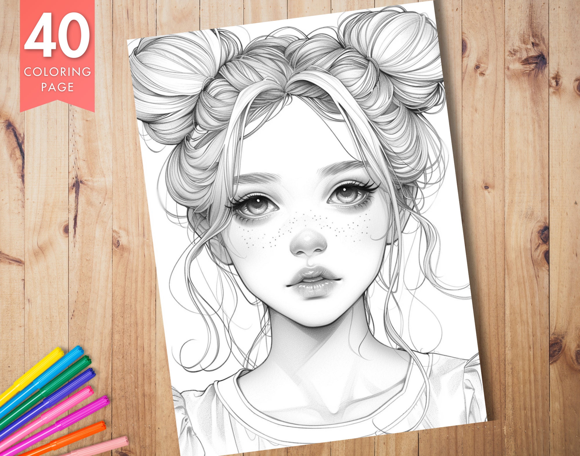 Cute Anime Girls Coloring Pages for Adults, Grayscale Coloring Pages ...