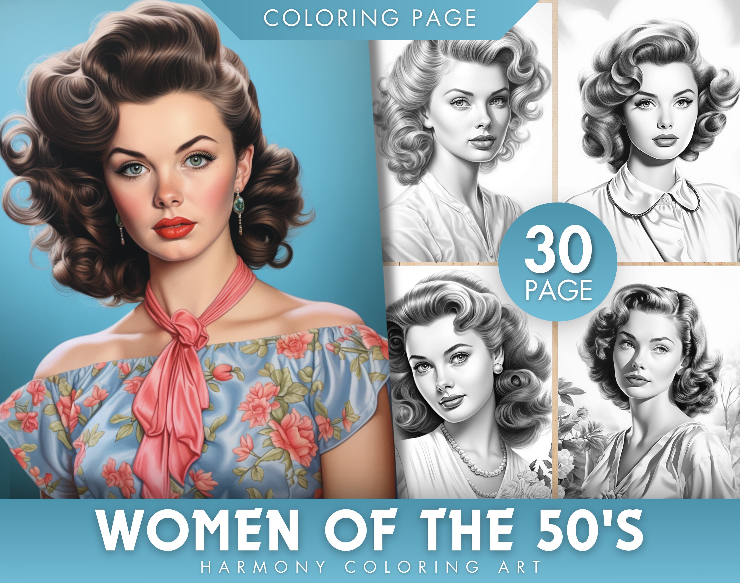 30 Women of the 50s Coloring Pages for Adults Grayscale Colouring Pages ...