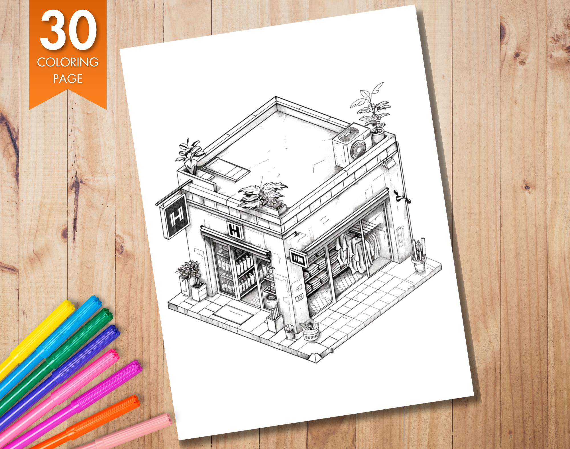 30 Isometric Storefront Coloring Printables, Cute Storefronts, Jpg ...