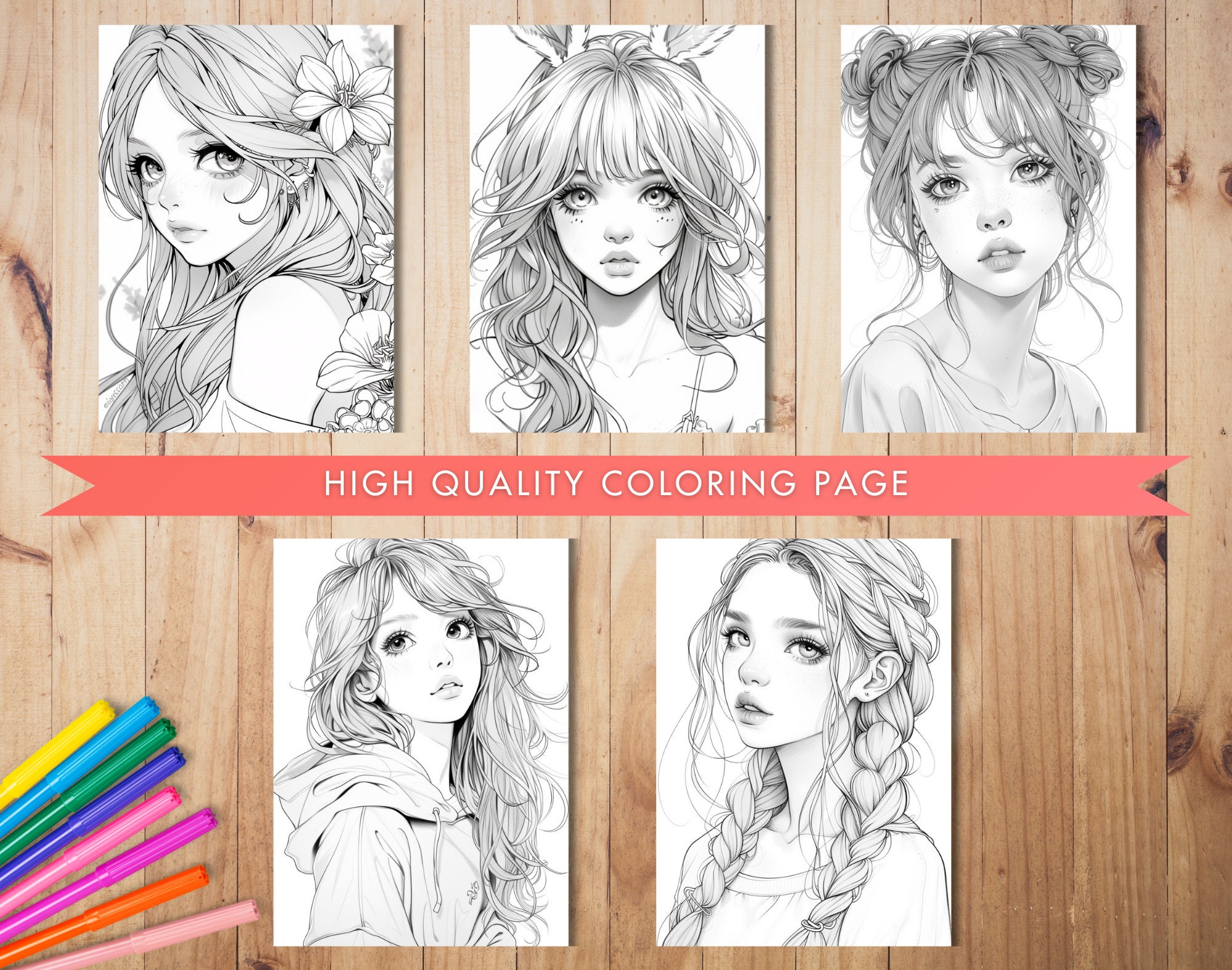 Cute Anime Girls Coloring Pages for Adults, Grayscale Coloring Pages ...
