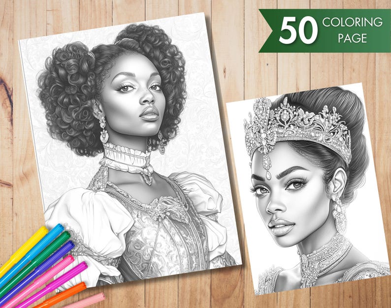 50 Royal Black Women Coloring Pages for Adults, Grayscale African ...