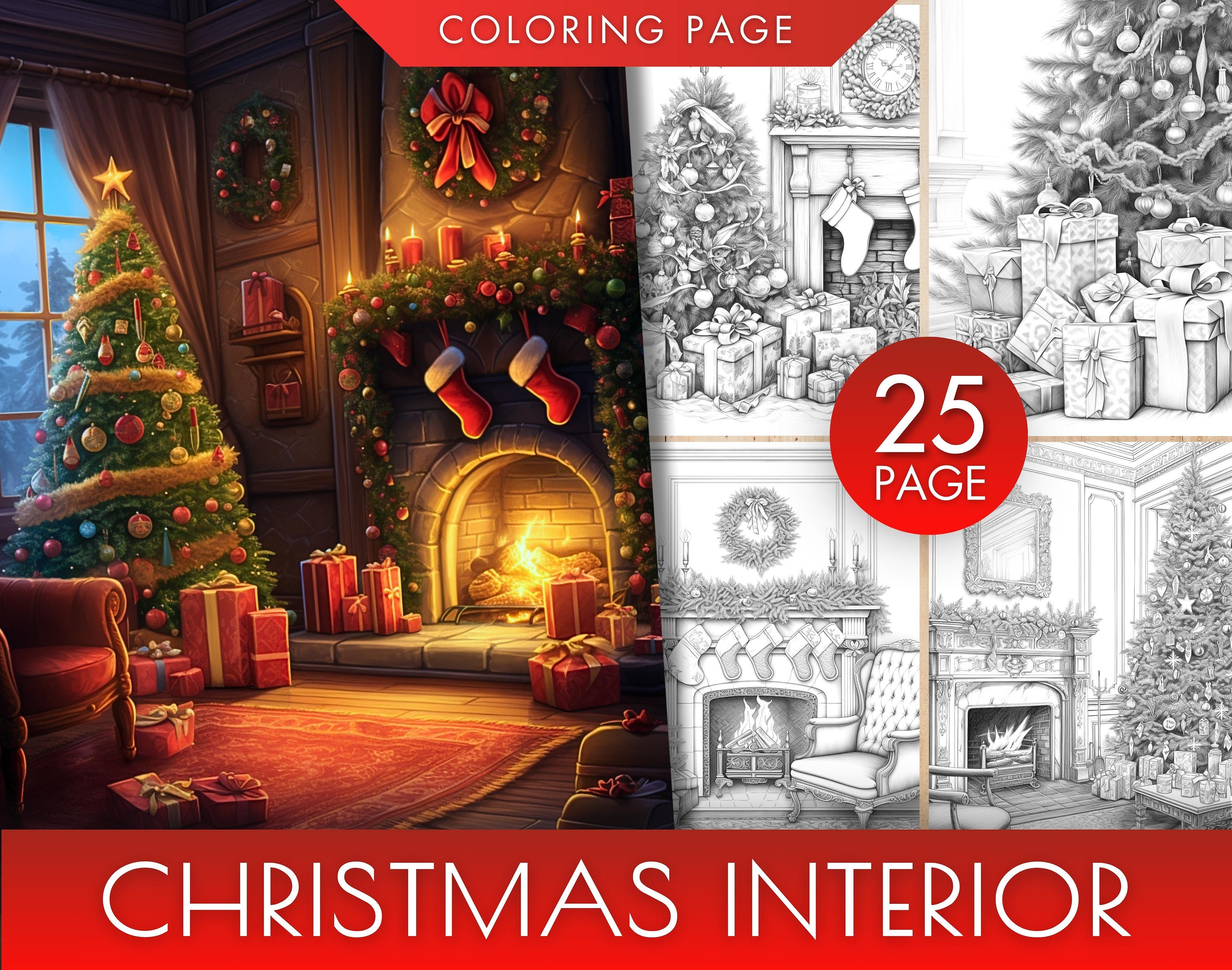 25 Christmas Interior Design Coloring Book, Christmas Room Architecture ...