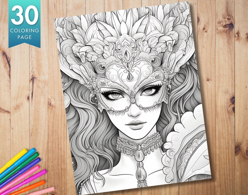 30 Masquerade Girls Digital Coloring Book, Carnival Girl Coloring Pages ...
