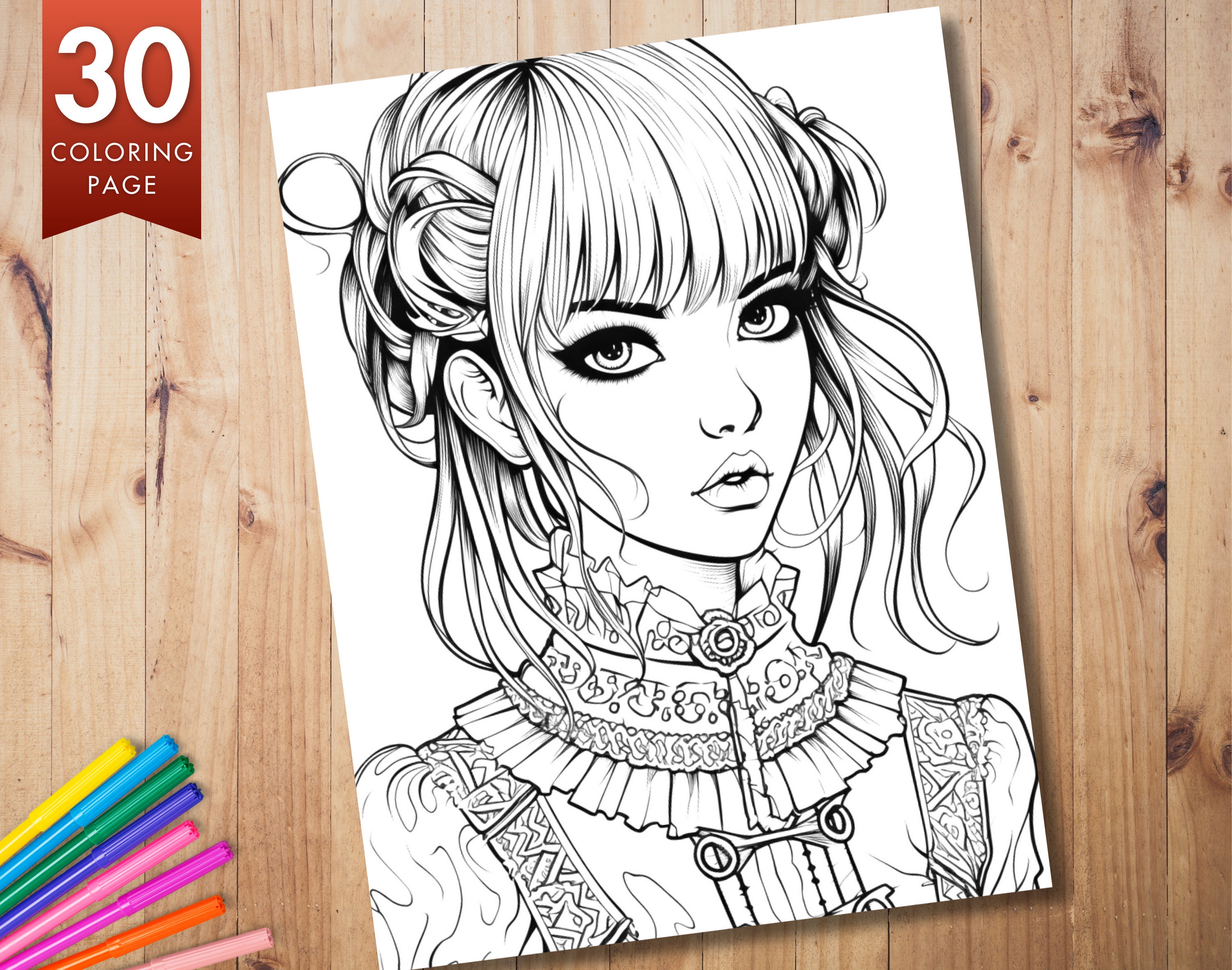 30 Gothic Anime Girls Coloring Pages for Adults, Grayscale Coloring ...