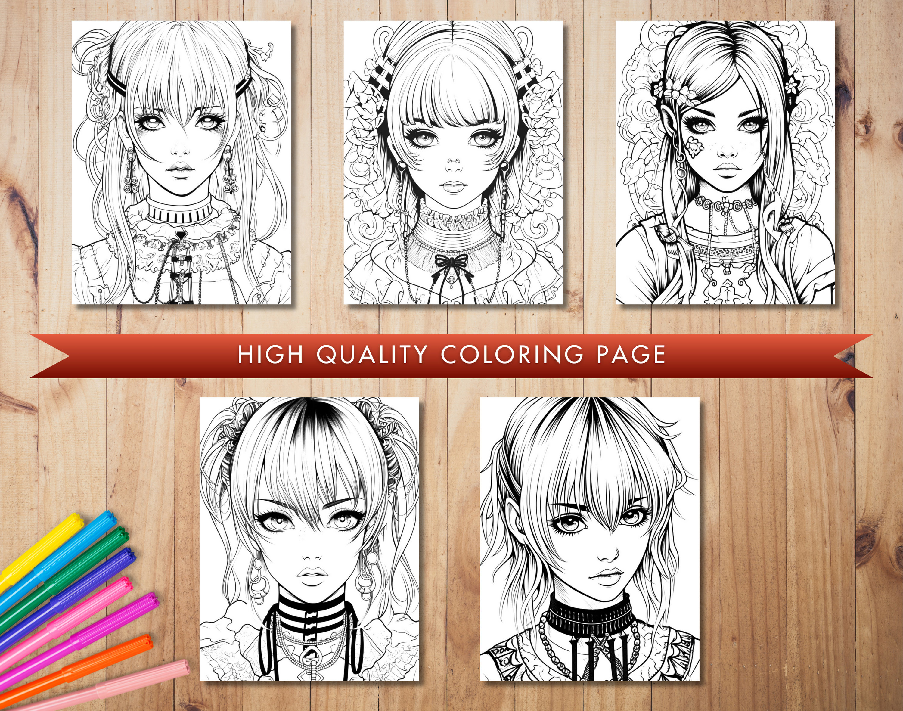 30 Gothic Anime Girls Coloring Pages for Adults, Grayscale Coloring ...