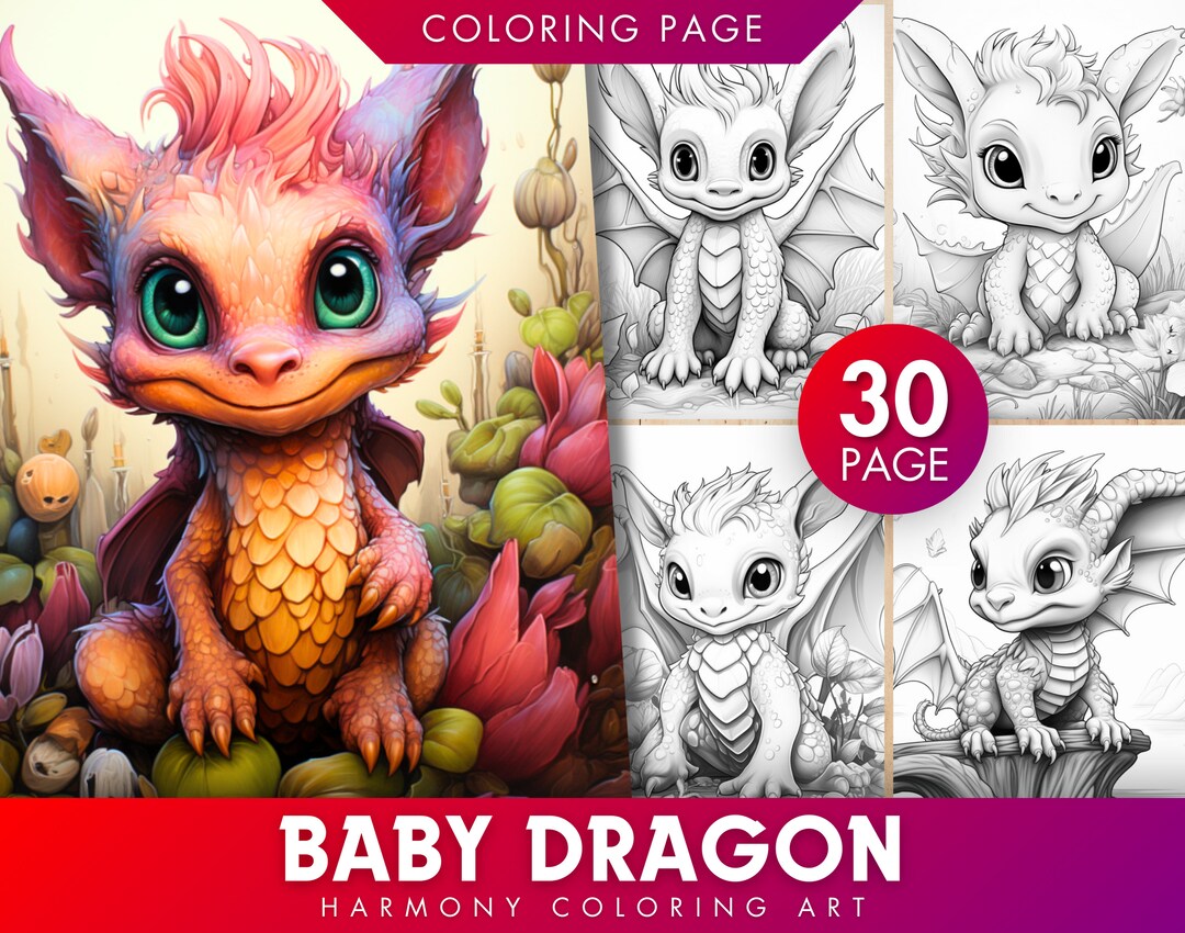 Fantasy Baby Dragon Coloring Pages, Grayscale Art (printable PDF) - Etsy